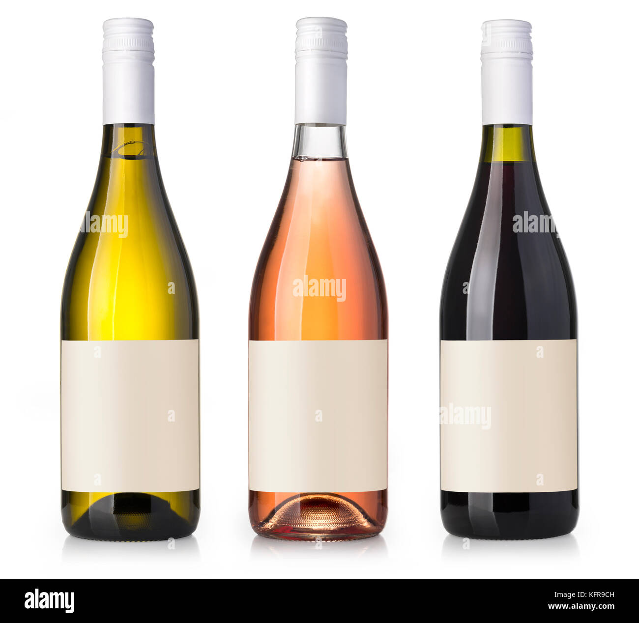 Set 3 bottles of wine with white labels isolated on white background ...