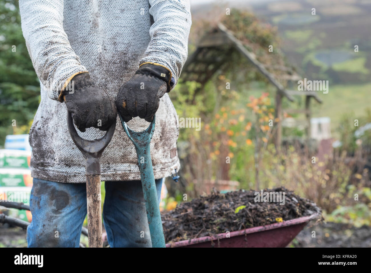 Gardener holding a spade and fork after removing old weed membrane and ...