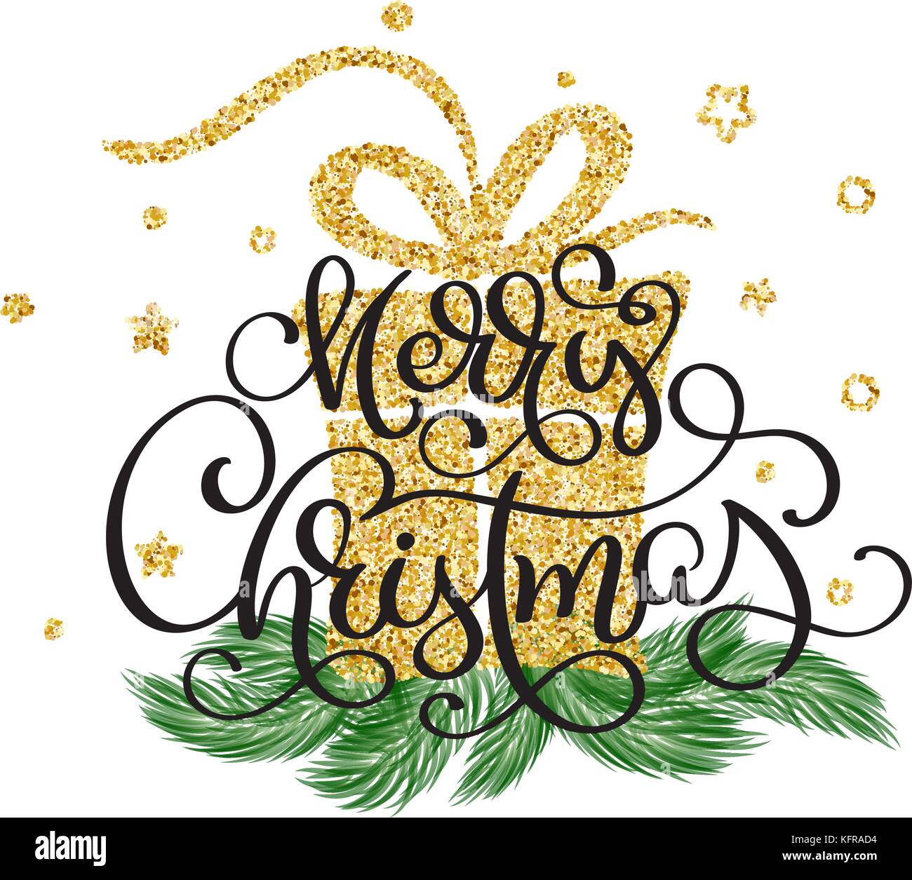 Merry Christmas gold glittering lettering calligraphy text with design ...
