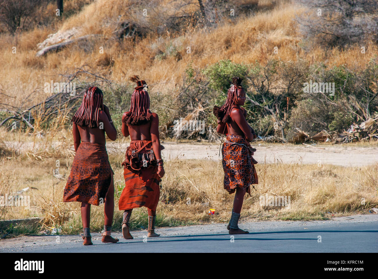 Himba womans walking on the streets of Outjo town, Namibia Stock Photo ...