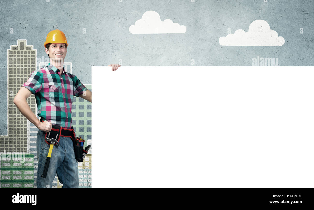 Repairman demonstrating banner Stock Photo - Alamy