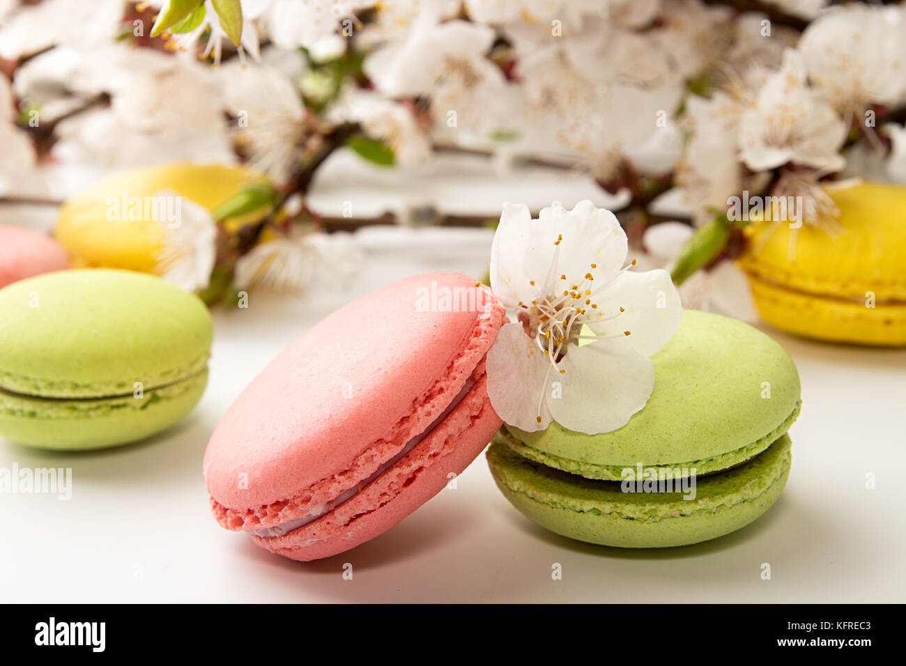 Green, yellow, pink macarons on white background against of blossoming ...