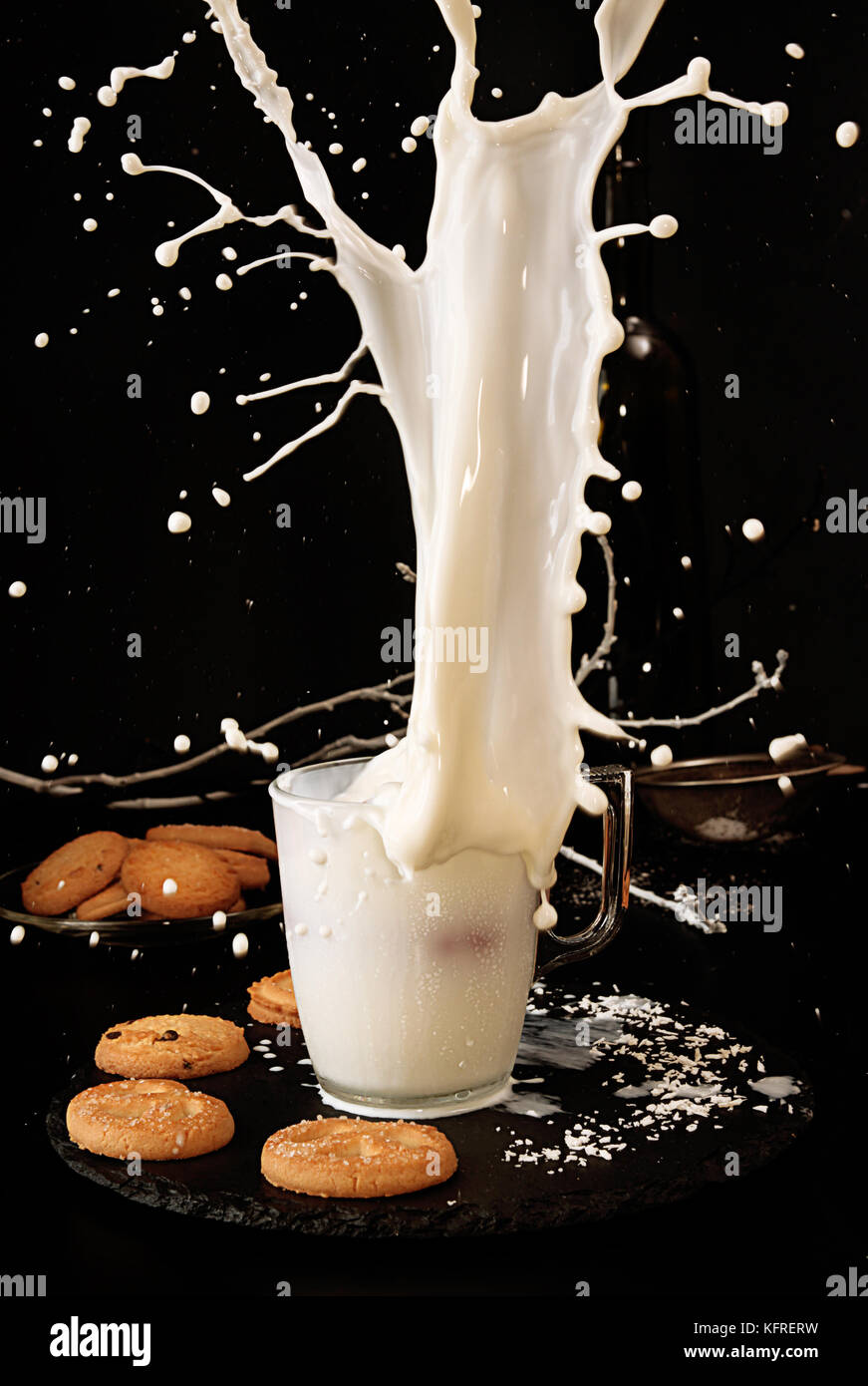 Milk splash. Falling cookies to glass of milk with splash on black ...