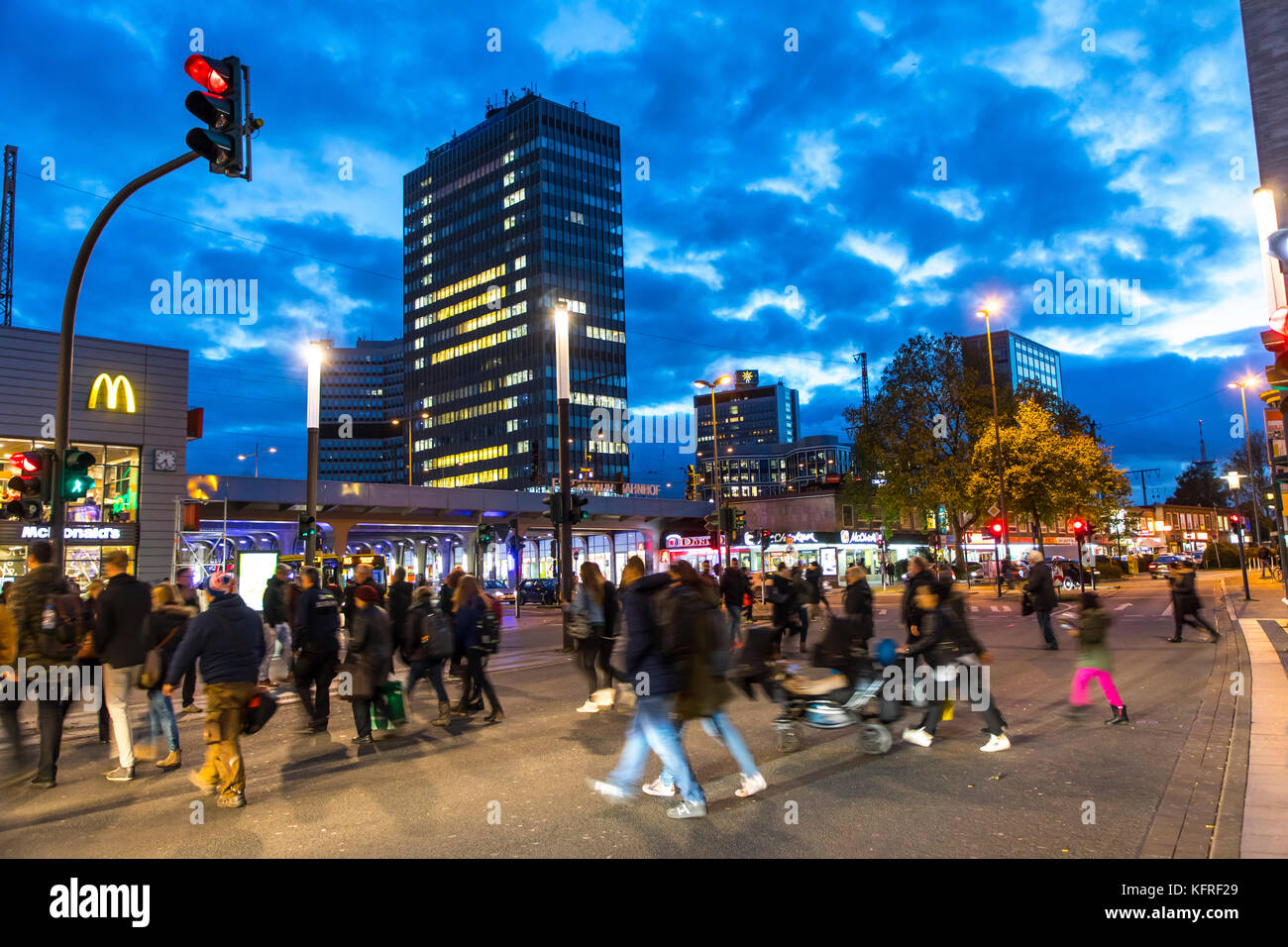 Downtown Essen, Germany, at the central station, skyline of the office ...