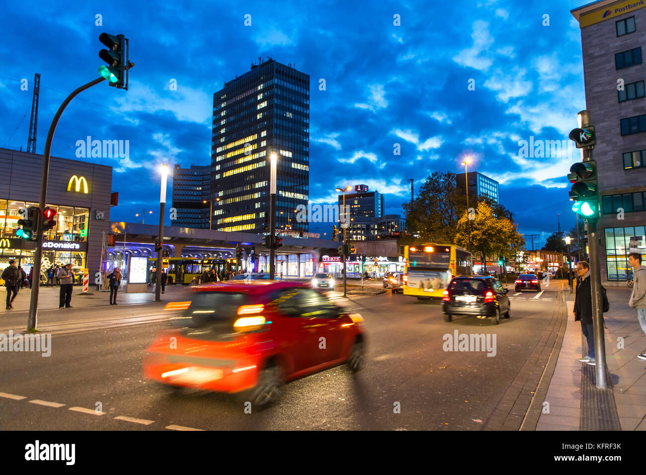 Downtown Essen, Germany, at the central station, skyline of the office ...