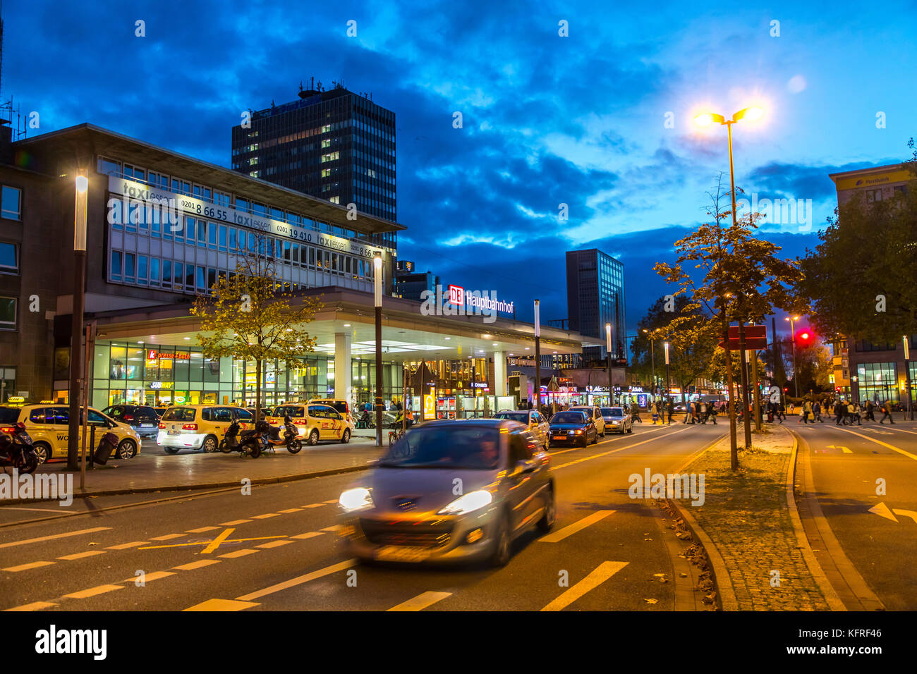 Downtown Essen, Germany, at the central station, skyline of the office ...