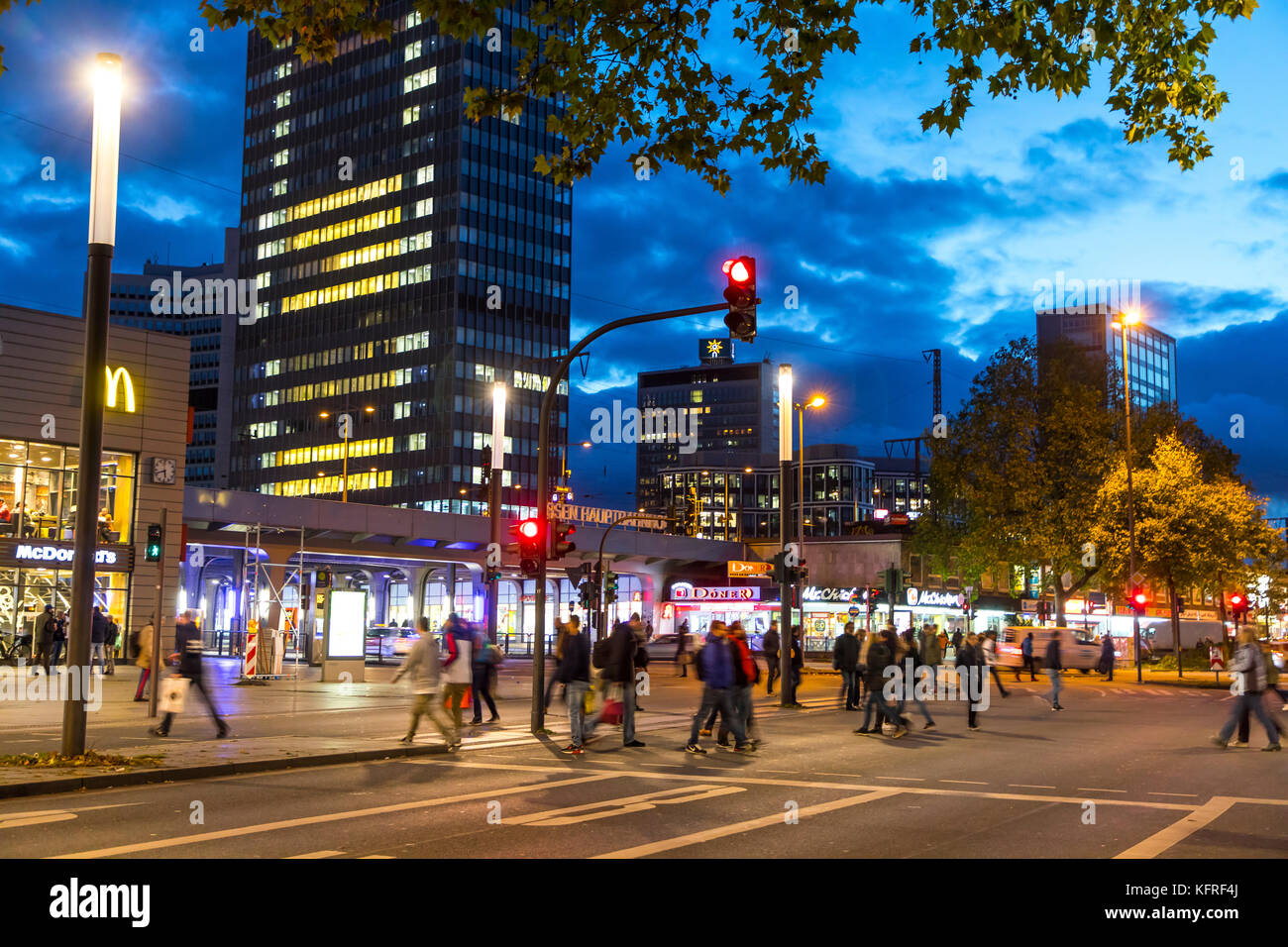 Downtown Essen, Germany, at the central station, skyline of the office ...