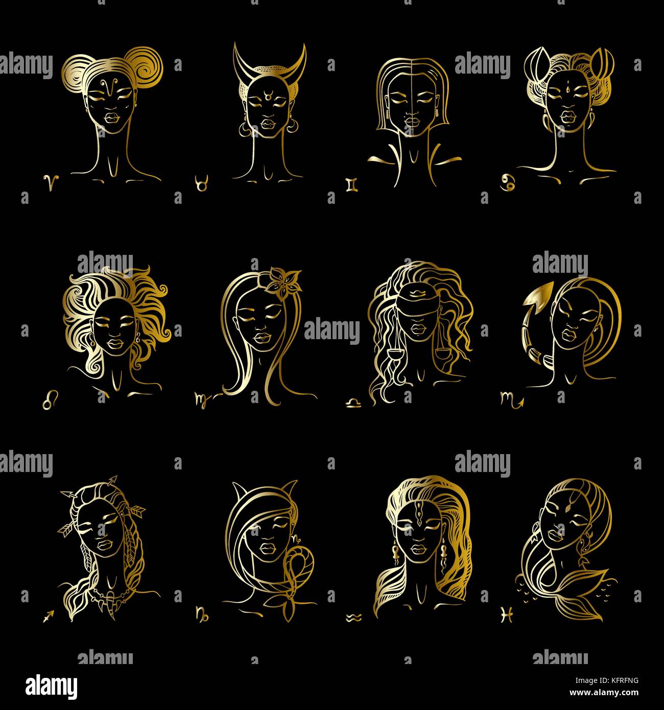Zodiac signs collection. Beautiful fashion zodiac girl. Horoscope ...