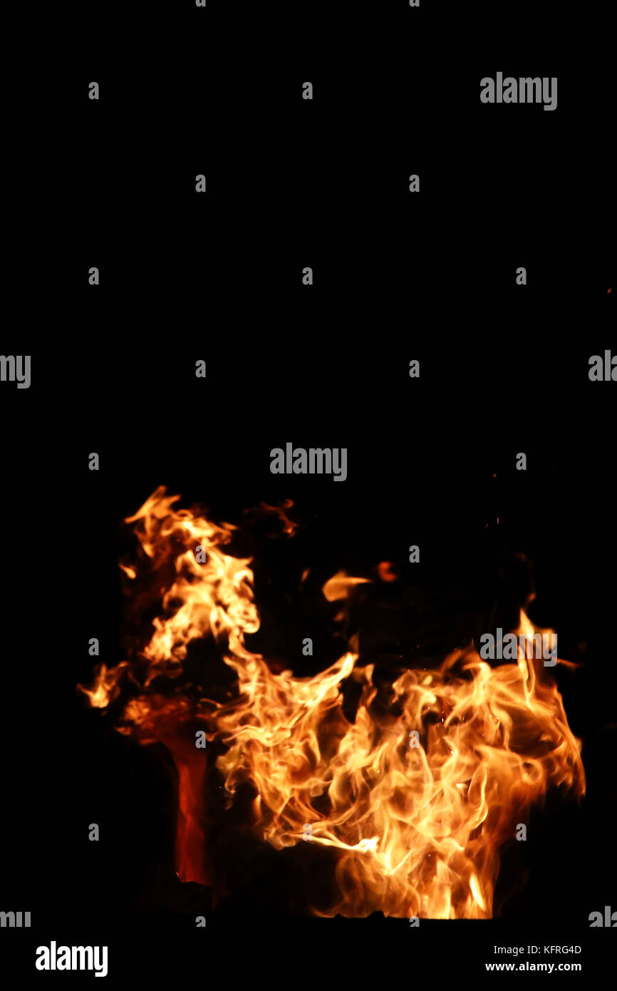 Tongues of flame of fire of orange-yellow color from burning fir Stock ...