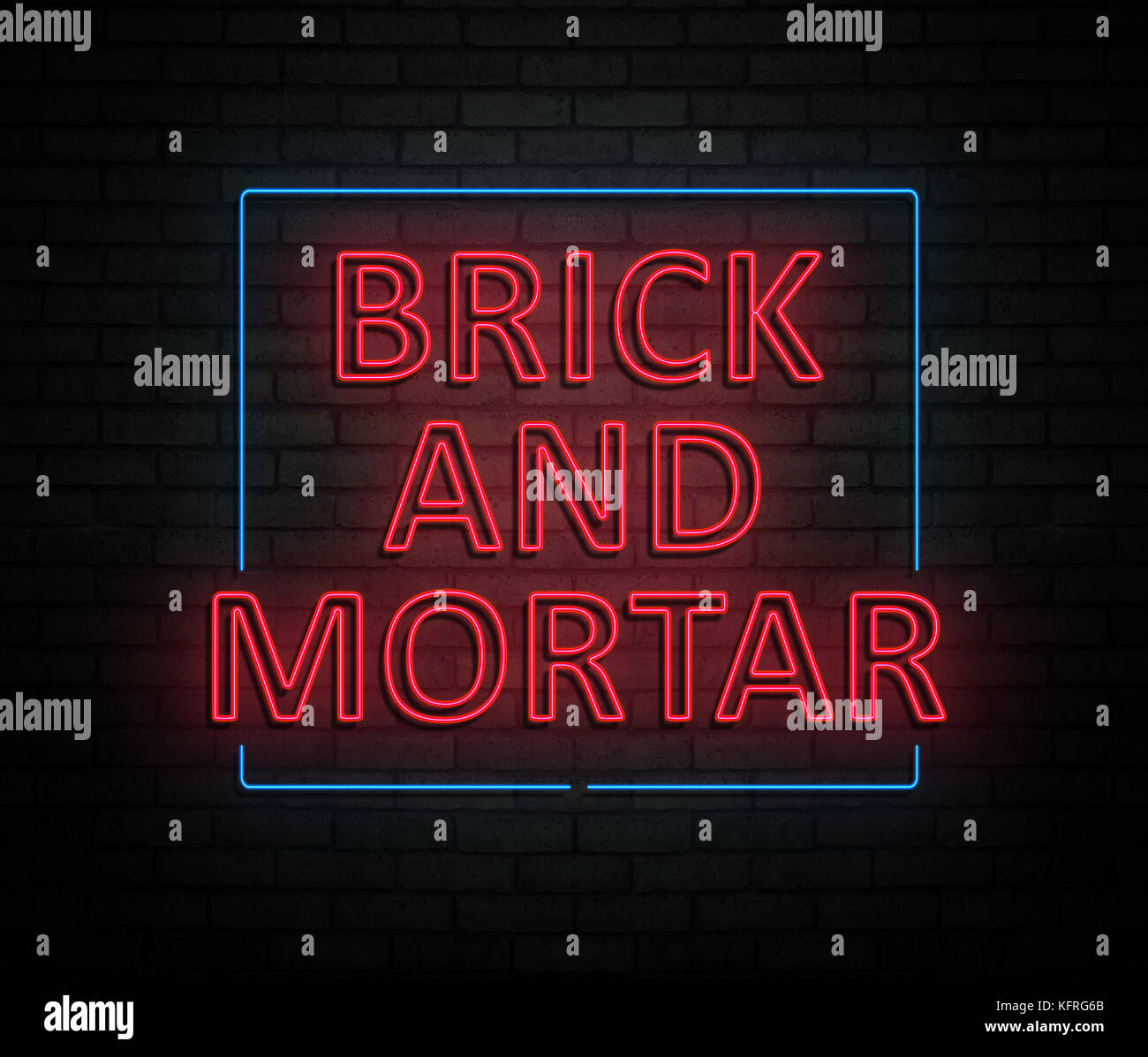 3d Illustration depicting an illuminated neon sign with a brick and ...