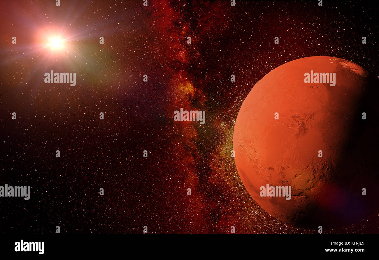 Mars in front of the Milky Way galaxy and Sun (3d illustration ...