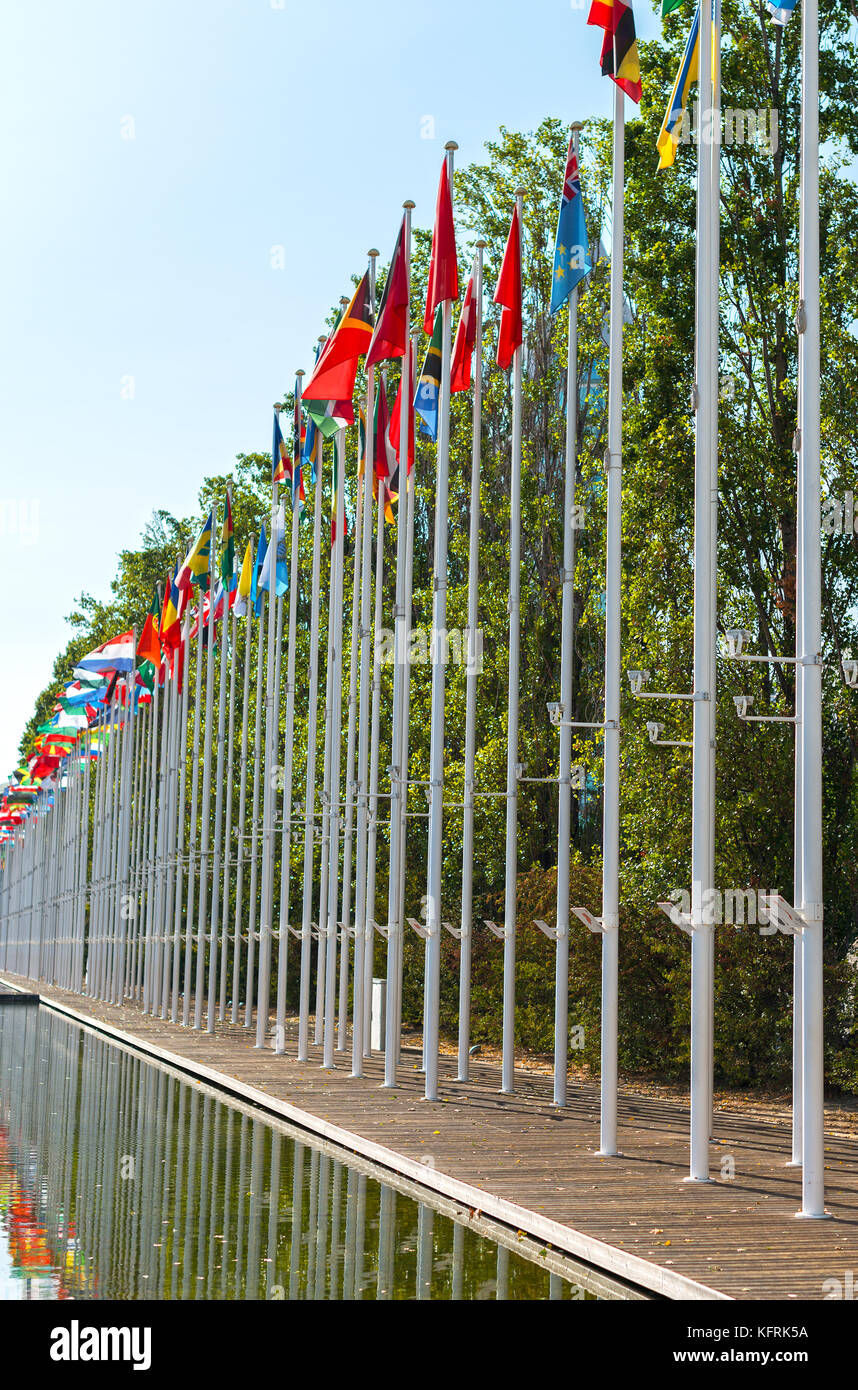 Flags in park of nations in Lisbon Stock Photo - Alamy