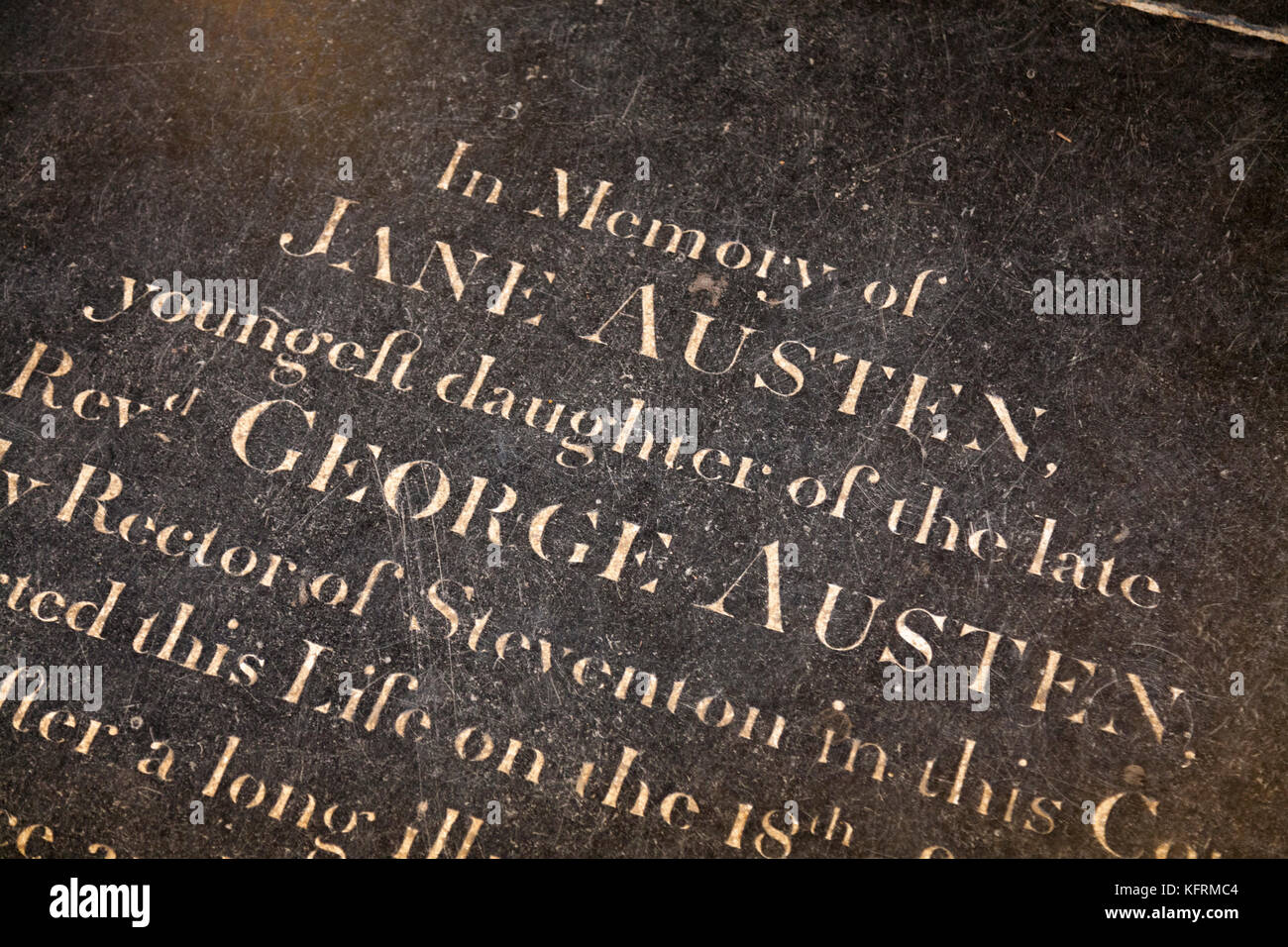 Jane Austen 's grave stone memorial in the Nave of Winchester Cathedral ...