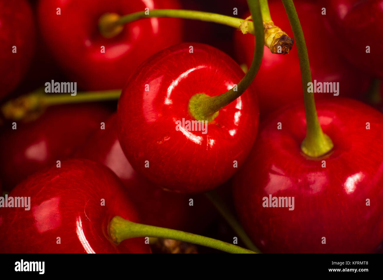 large ripe red sweet cherries in a dish of stainless steel, close-up ...