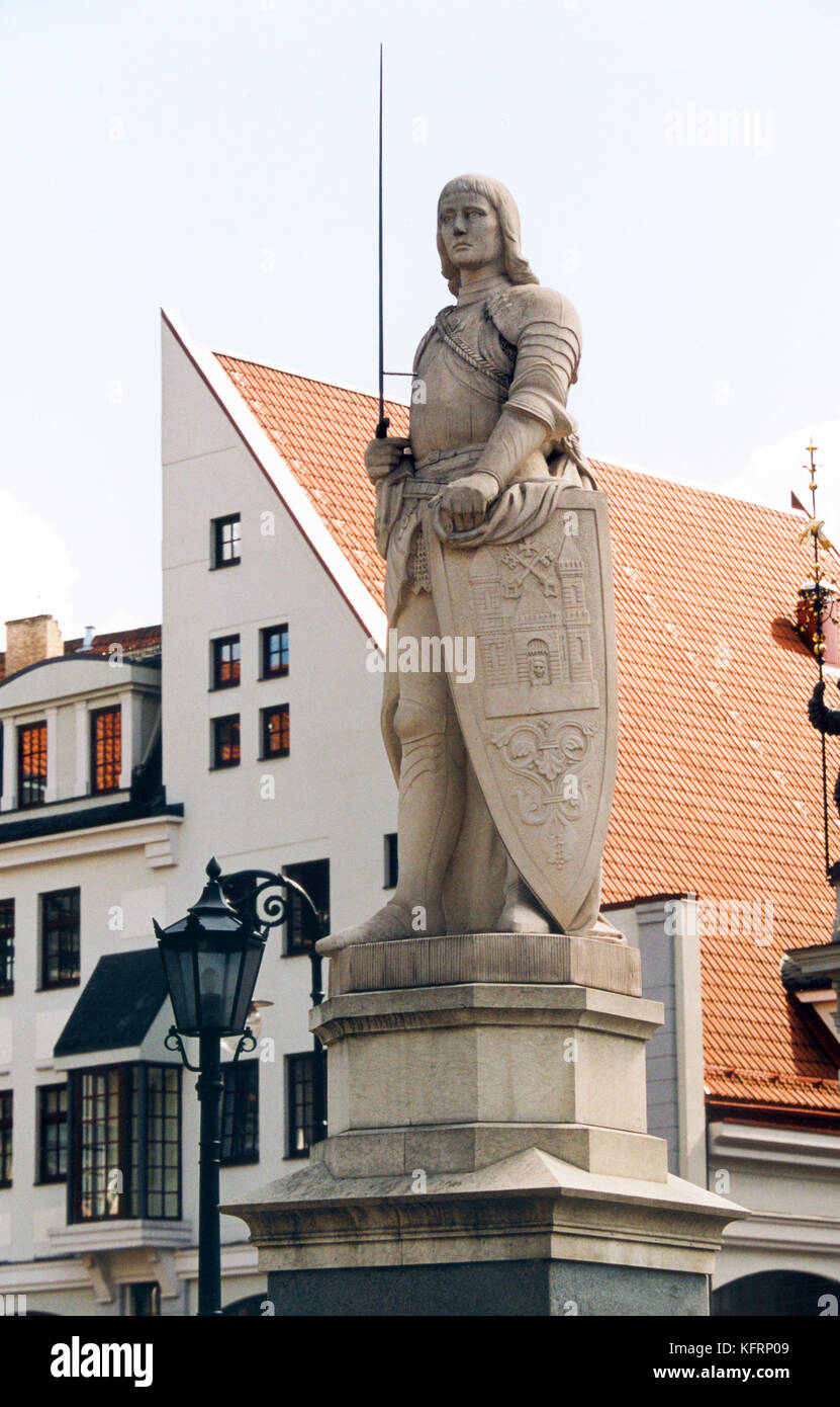 RIGA Latvia Statue of the Saint Roland in front of The Black heads ...