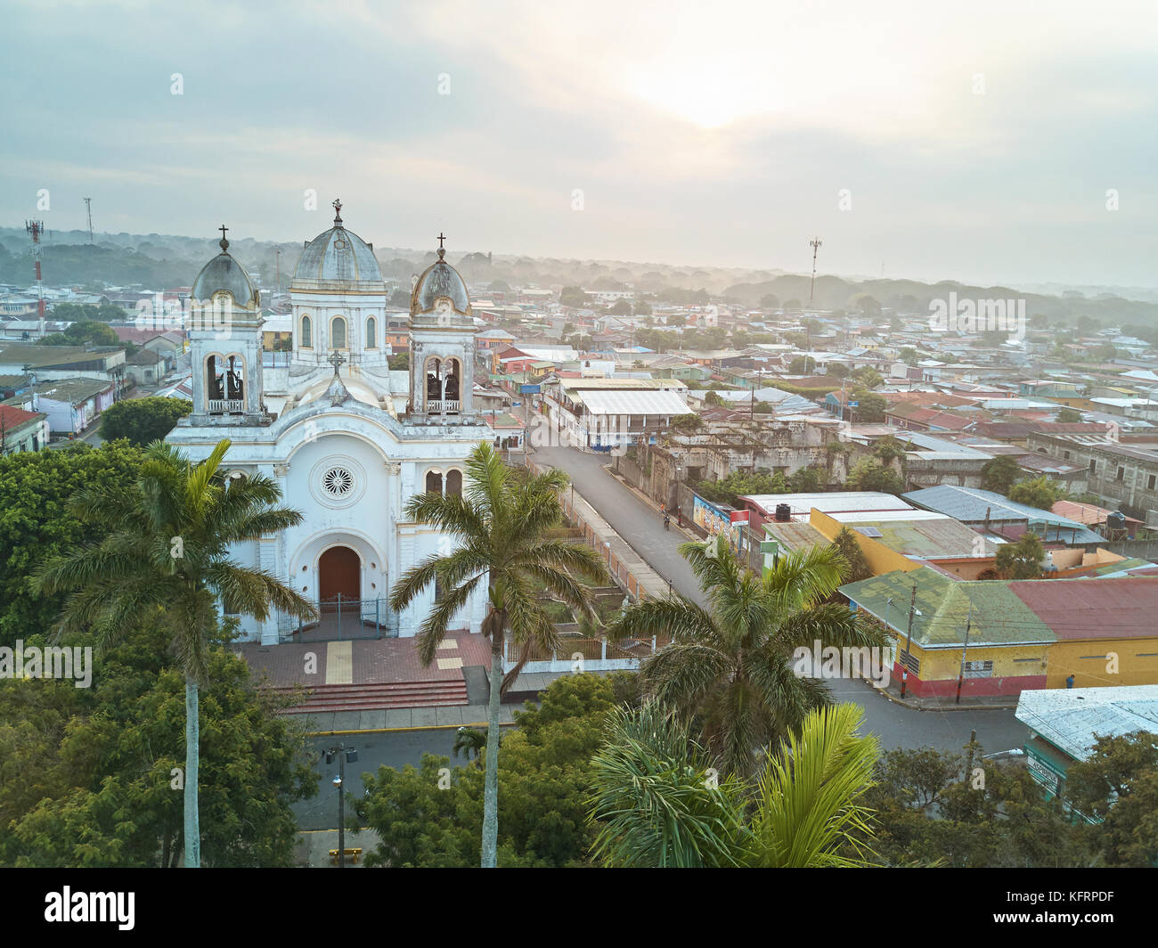 Sunrise in Diriamba town aerial view on sunrise time. Center of ...