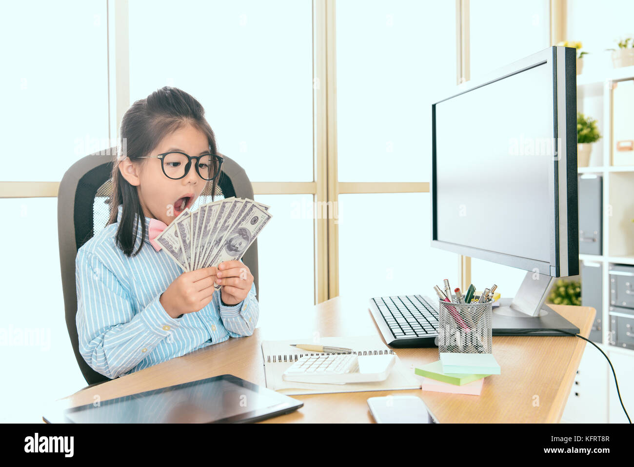 attractive lovely female little business worker looking at many ...