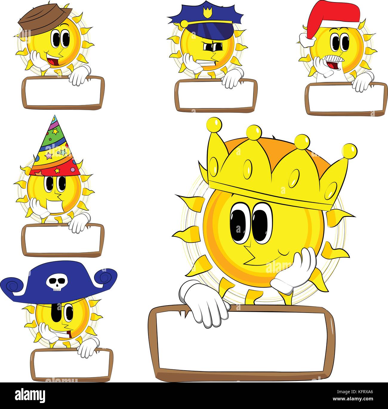 Cartoon sun with blank paper on wood. Collection with costume ...