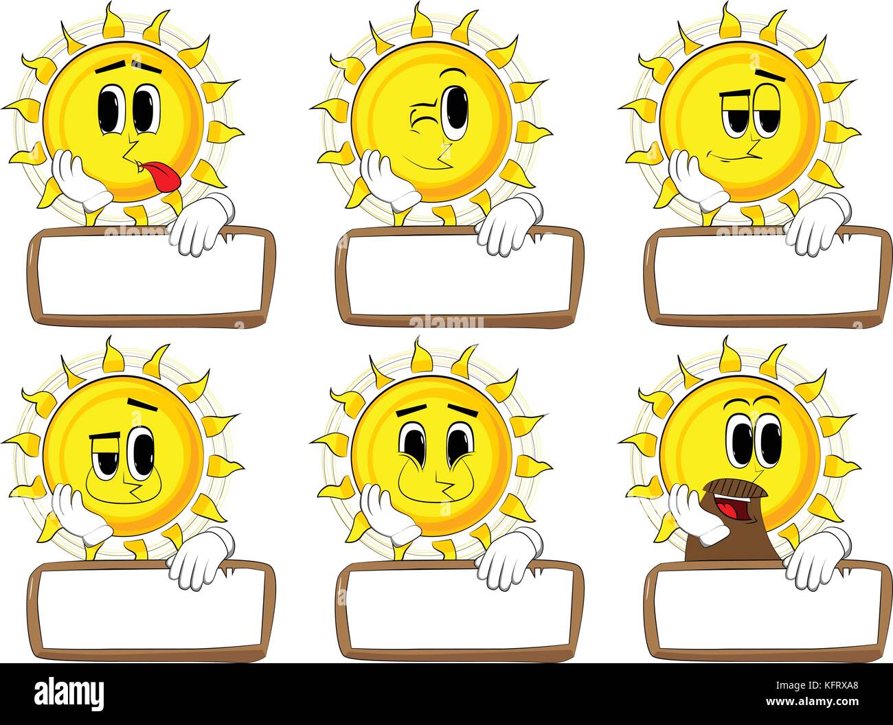 Cartoon sun with blank paper on wood. Collection with happy faces ...