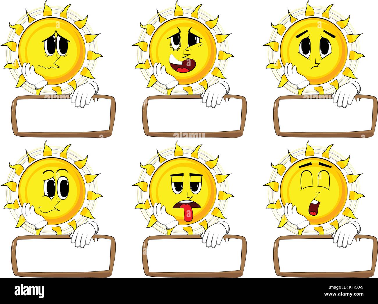 Cartoon sun with blank paper on wood. Collection with sad faces ...