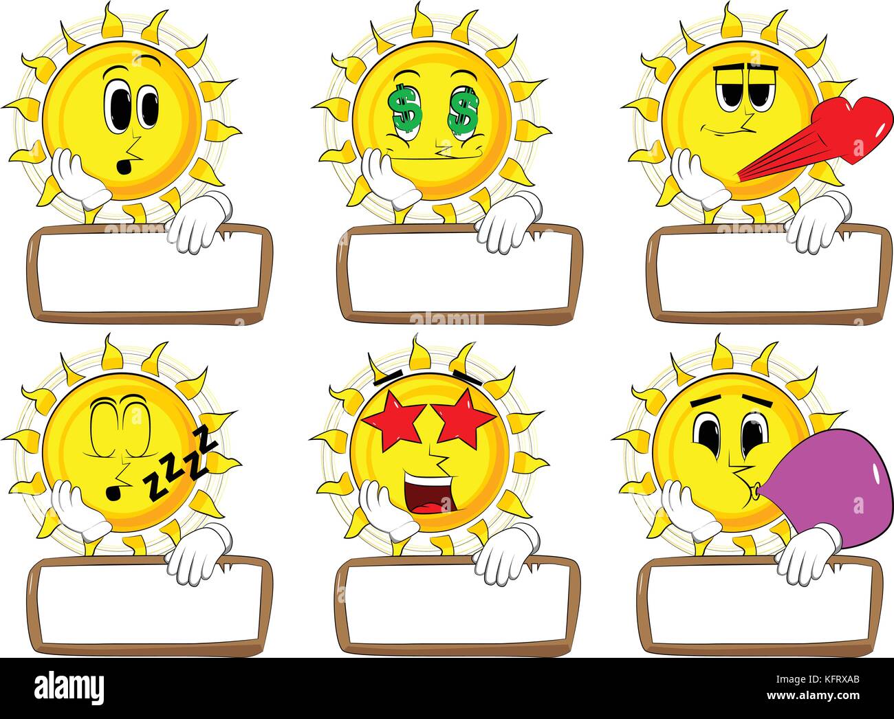 Cartoon sun with blank paper on wood. Collection with various facial ...