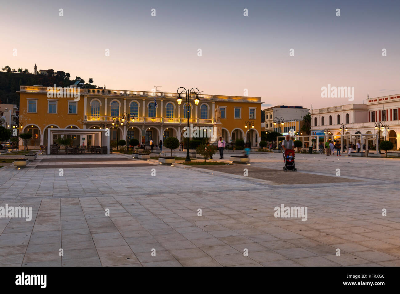 People in front of Byzantine museum in Solomos square in Zakynthos town ...