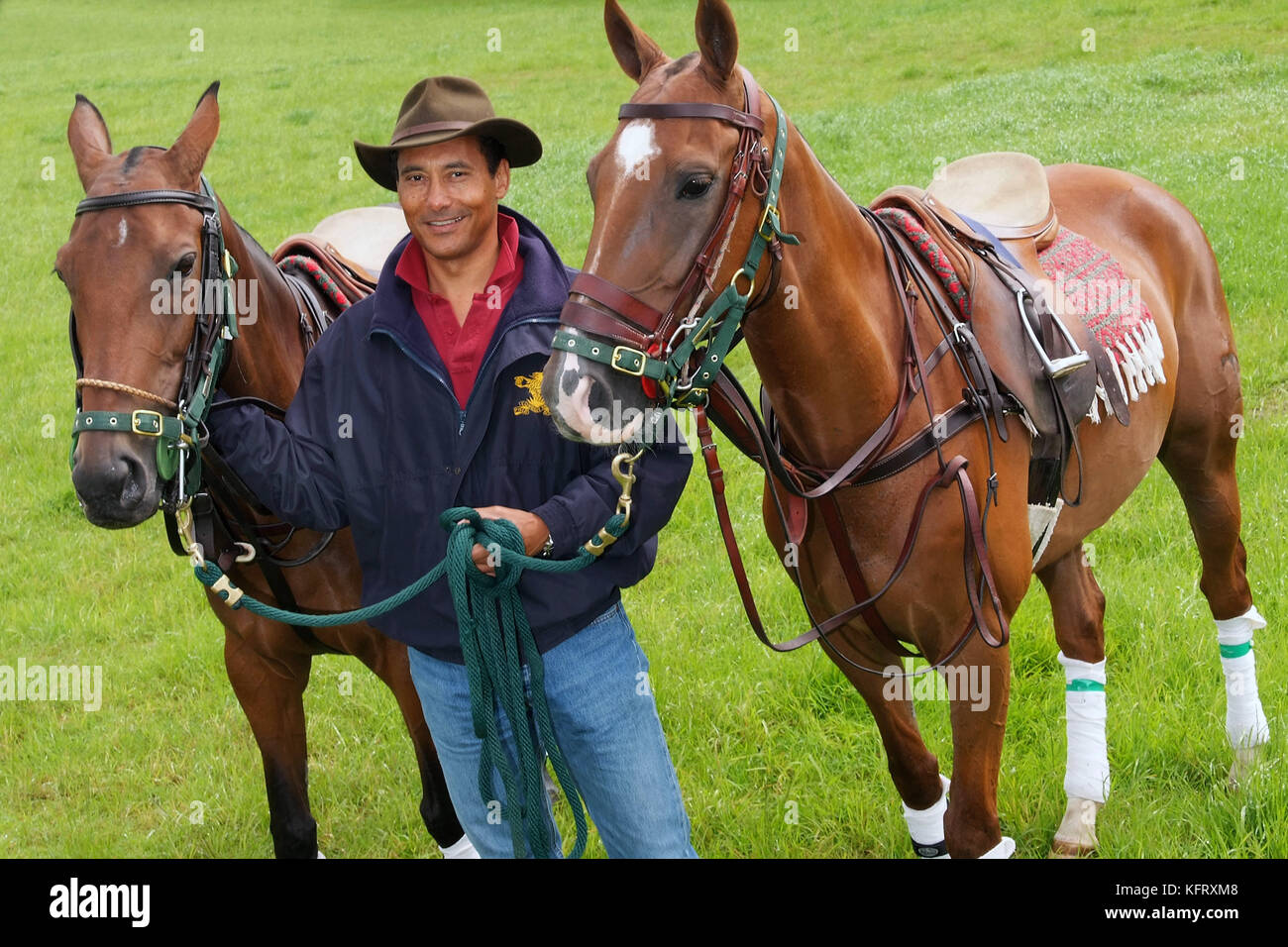 Martin Ephson with his polo ponies 'Vampiro' (white spot on head and ...