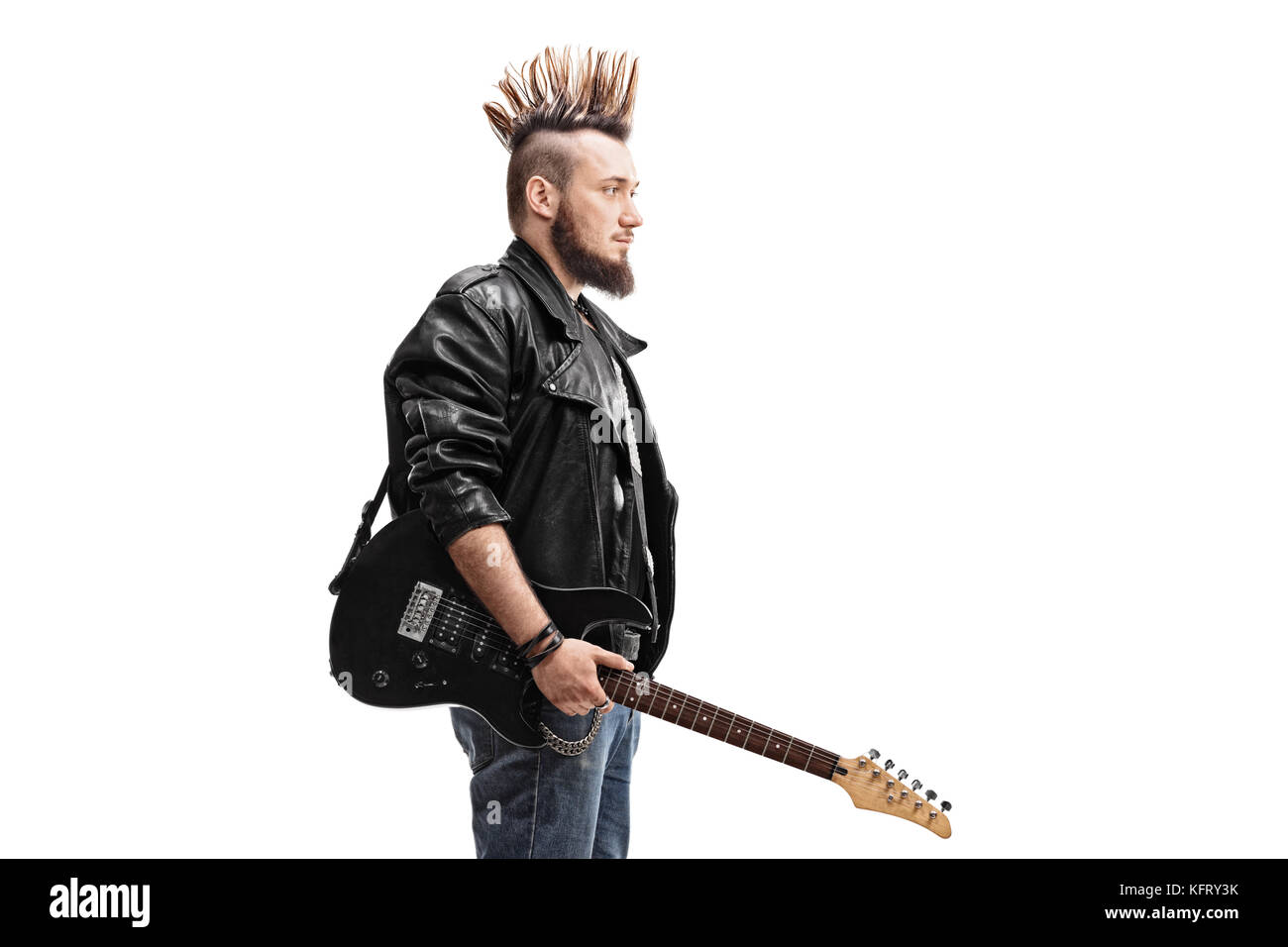Punk rocker holding an electric guitar isolated on white background ...