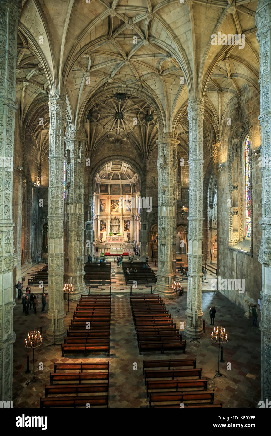 Late Gothic Manueline style interior of the Jeronimos Monastery, Lisbon ...