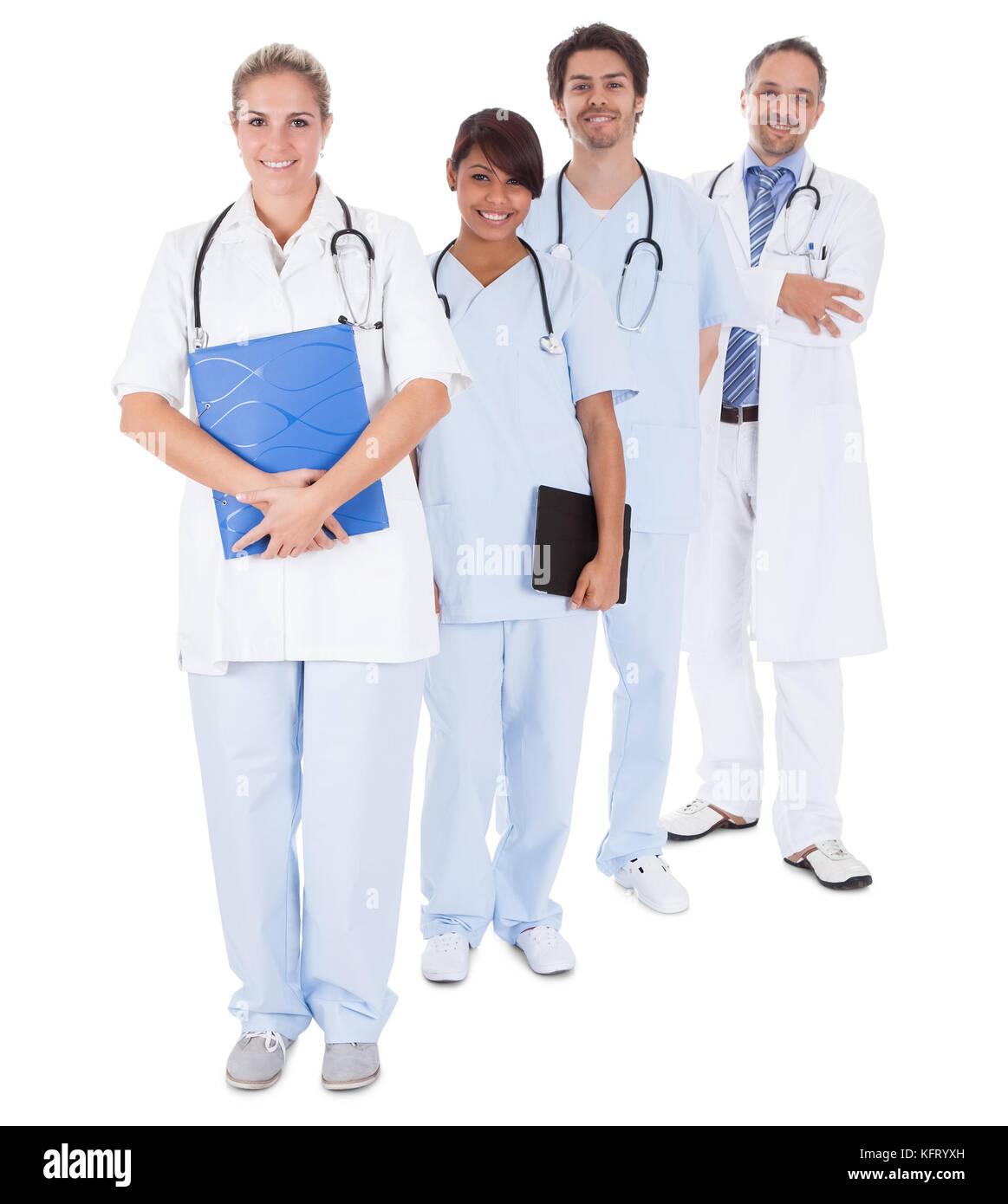 Group of doctors standing together isolated over white background Stock ...