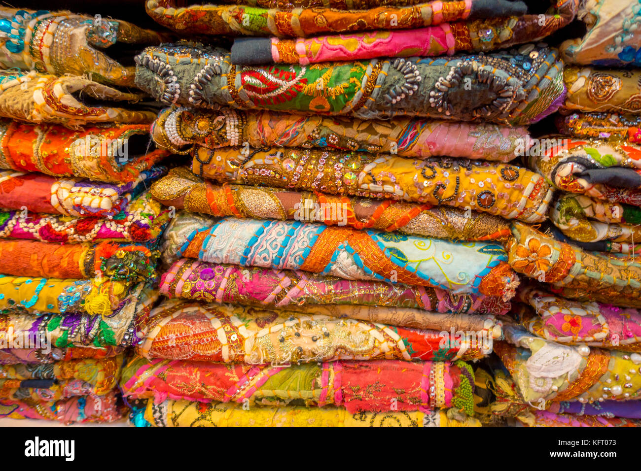 Close up of heap of cloth fabrics at a local market in India Stock ...