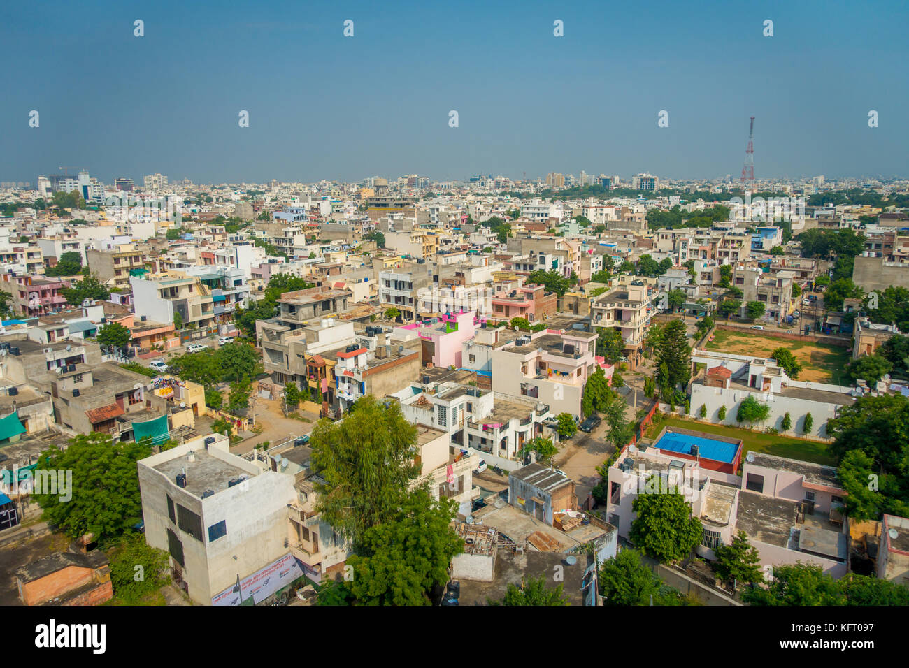 Beautiful aerial view of old colorful buildings city in Rajasthan state ...