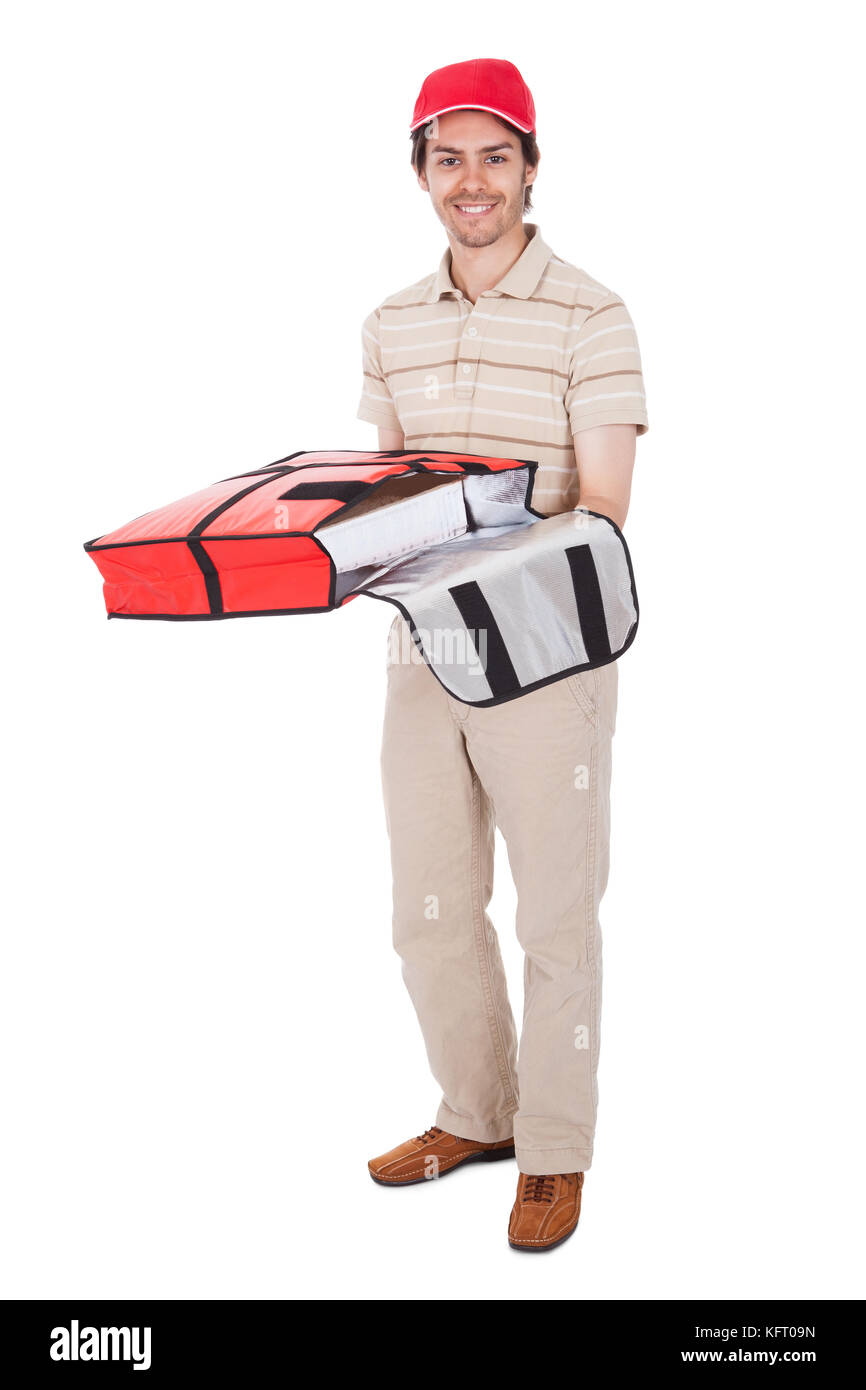 Pizza delivery boy with thermal bag. Isolated on white Stock Photo - Alamy