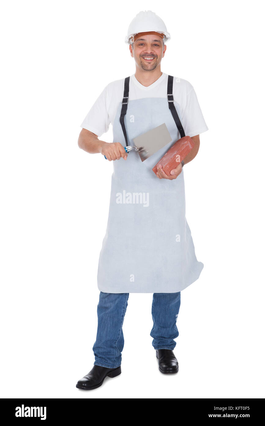 Portrait of smiling bricklayer. Isolated on white Stock Photo - Alamy