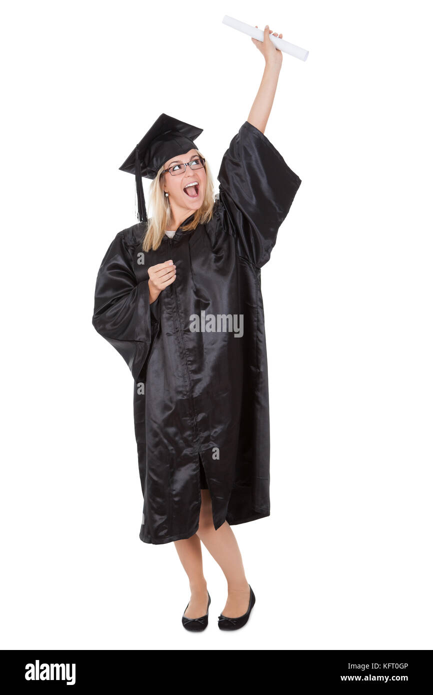 Beautiful female student graduating. Isolated on white Stock Photo - Alamy