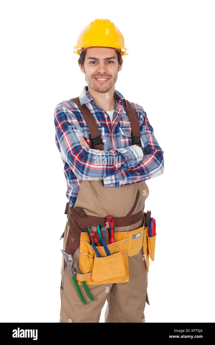 Confident worker wearing toolbelt. Isolated on white Stock Photo - Alamy