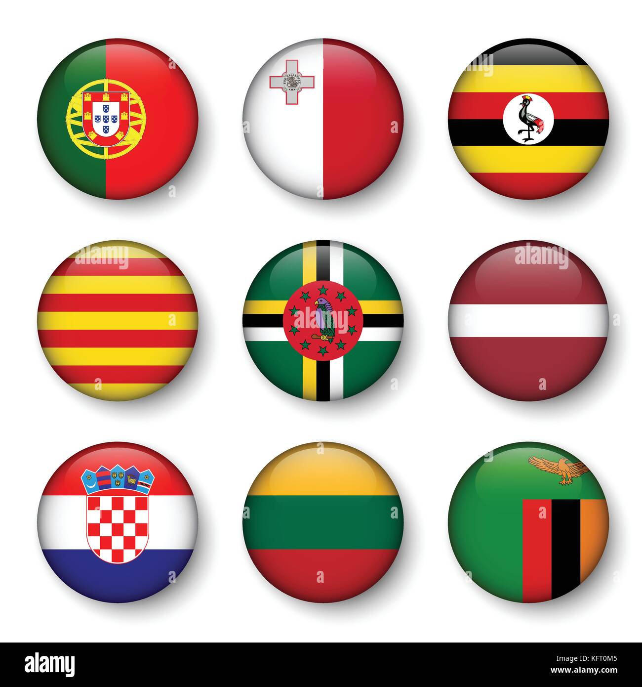Set of world flags round badges ( Portugal . Malta . Uganda . Catalonia ...