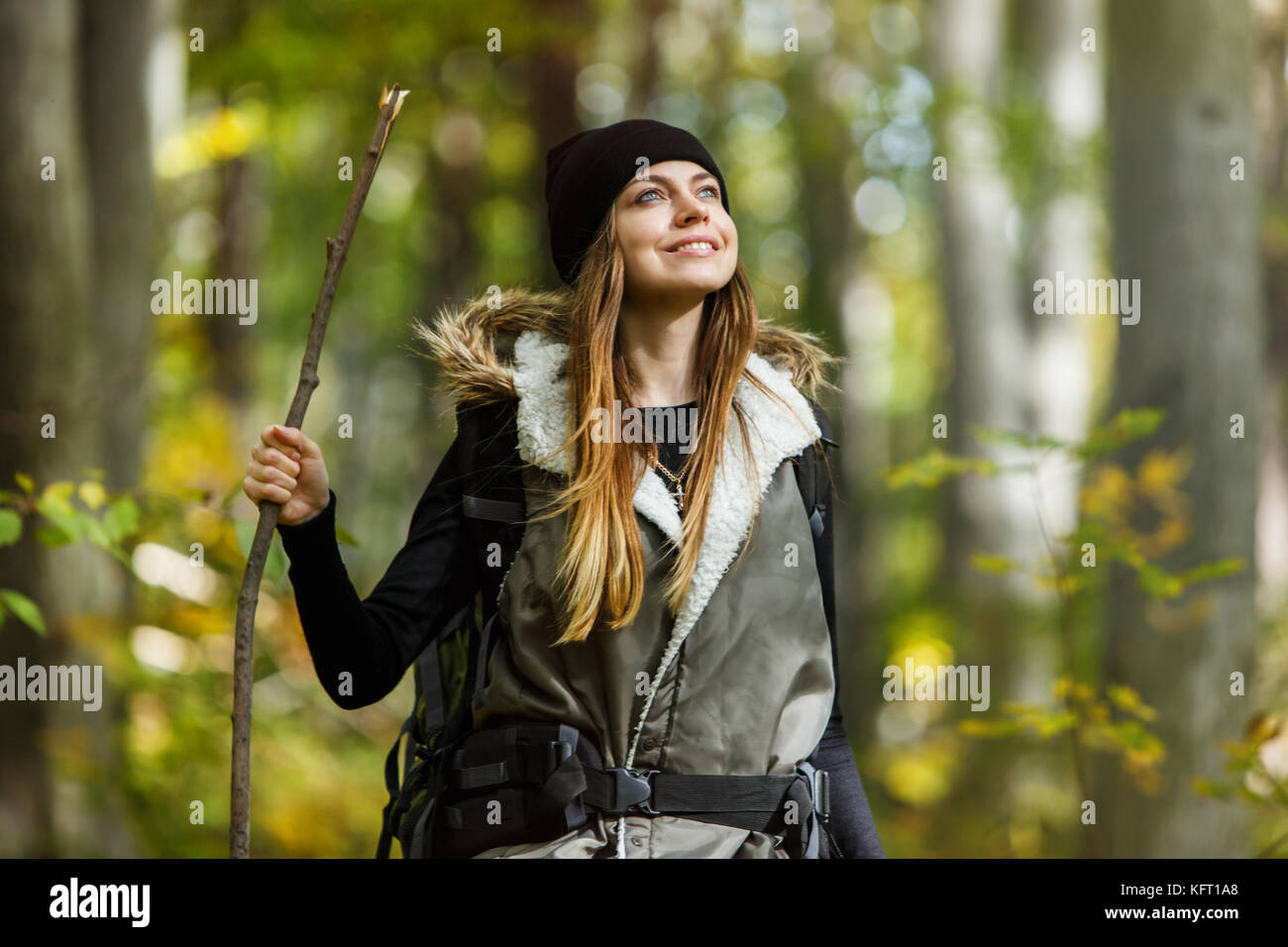 Tourist Girl in the Forest Stock Photo - Alamy
