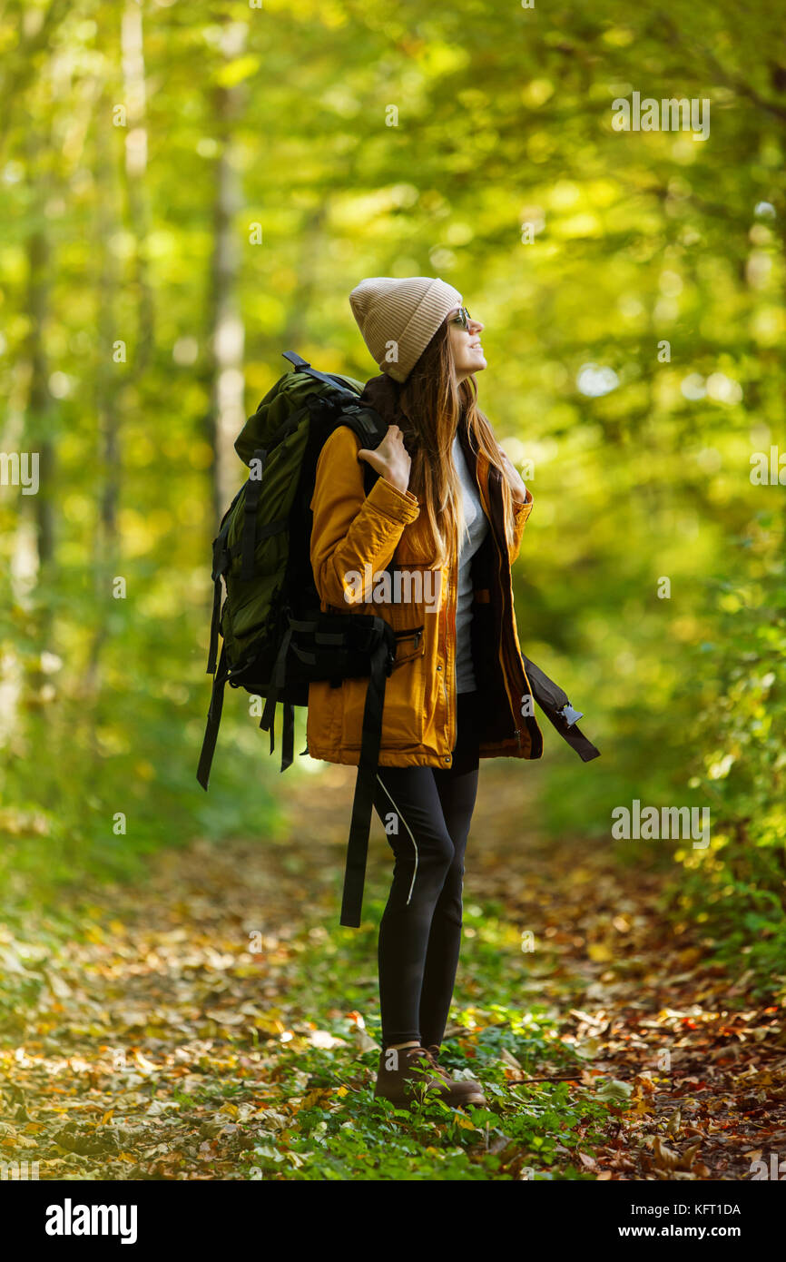 Tourist Girl in the Forest Stock Photo - Alamy