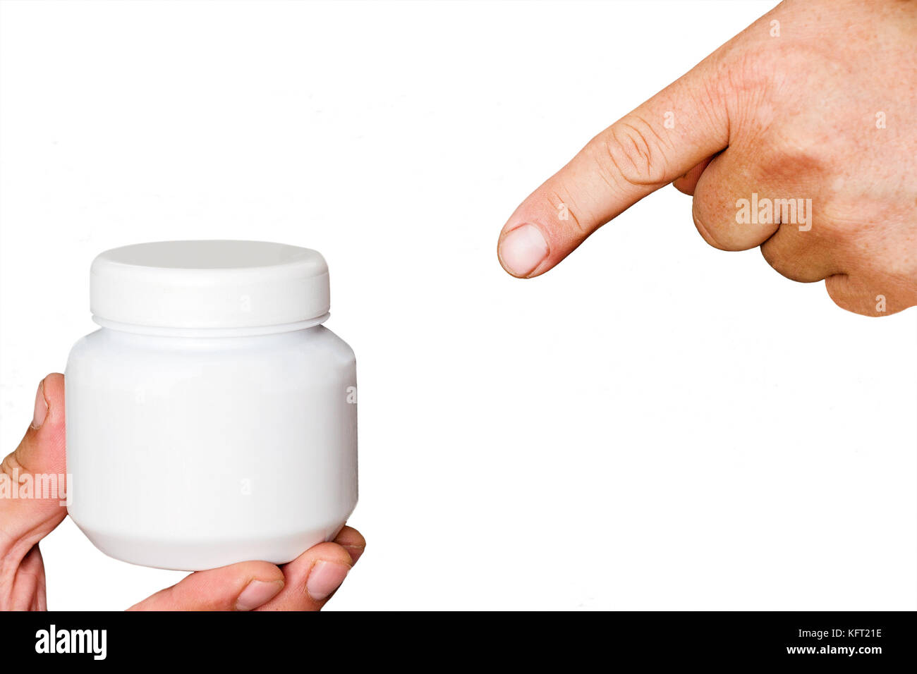 Index finger shows on Jar of cream Stock Photo - Alamy