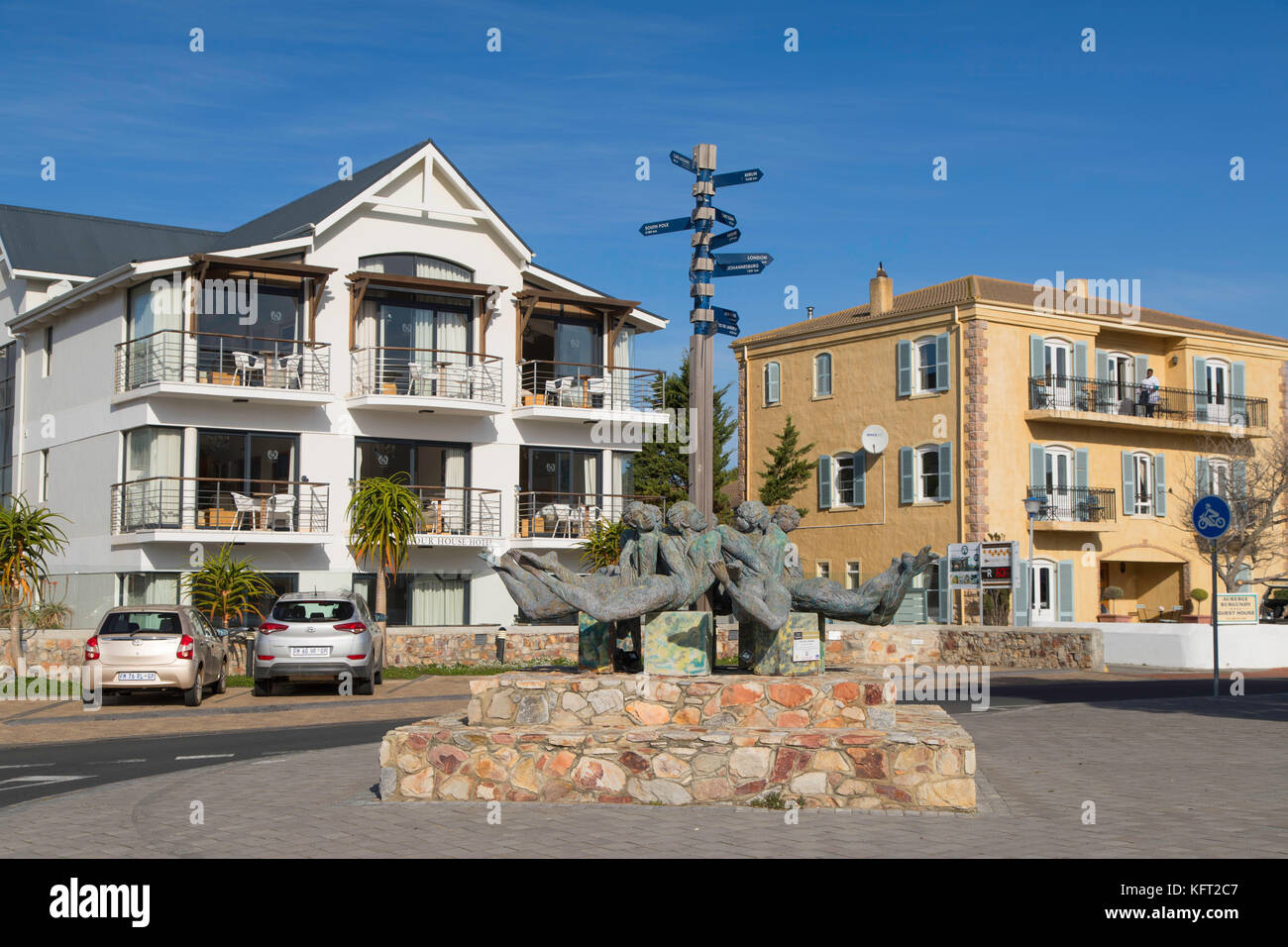 Hotels and signpost, Hermanus, Western Cape, South Africa Stock Photo ...