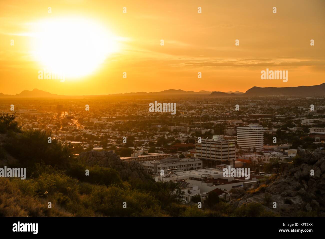 City of Hermosillo, panoramic view of Madero Park and the church or ...