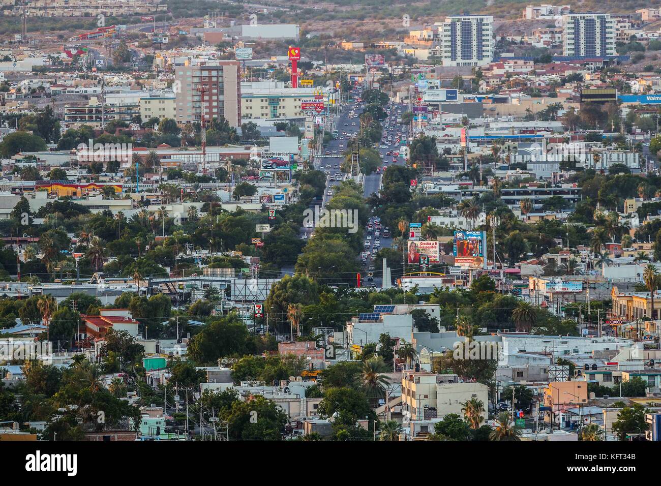 City of Hermosillo, panoramic view of Madero Park and the church or ...