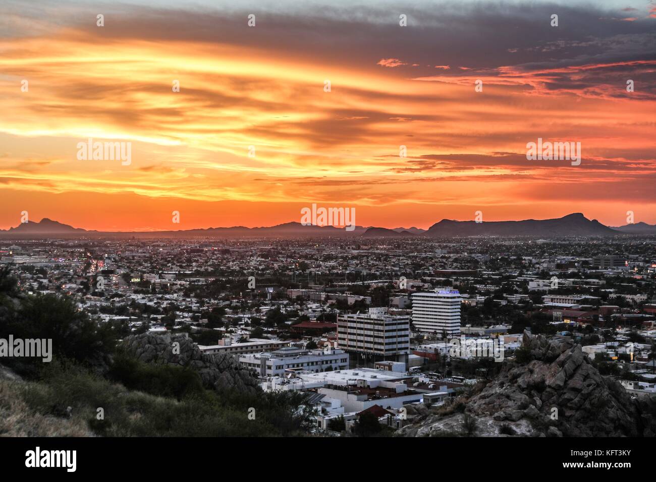 City of Hermosillo, panoramic view of Madero Park and the church or ...