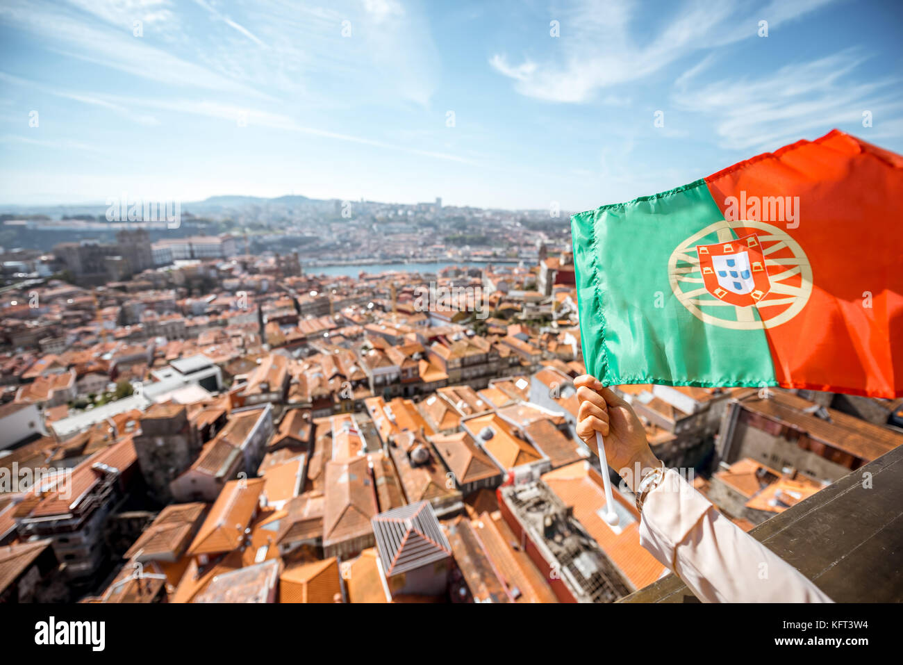 Portuguese flag on the Porto city background Stock Photo - Alamy