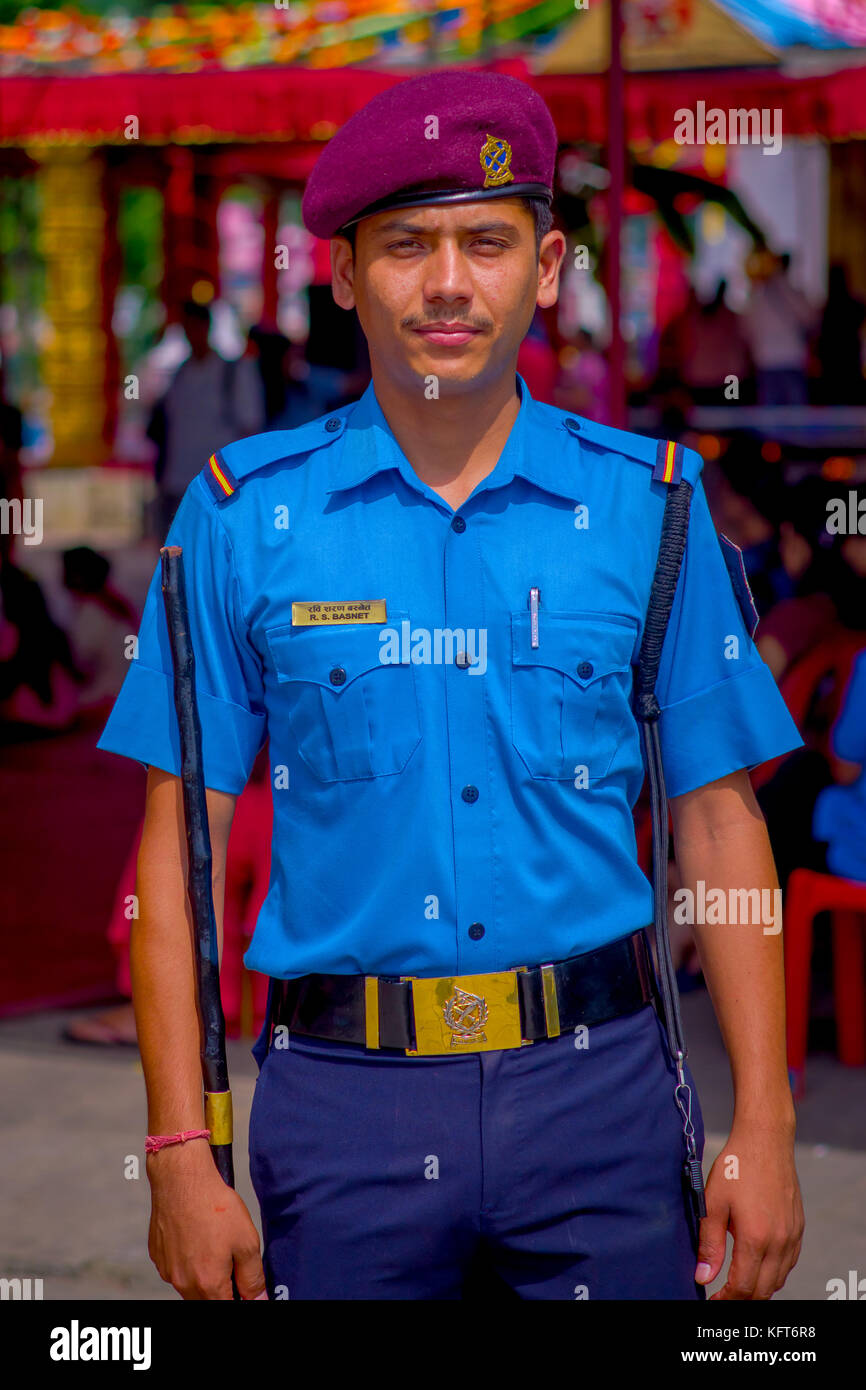 KATHMANDU, NEPAL - SEPTEMBER 04, 2017: Portrait of a Guard from the Nepalese Army posing for ...