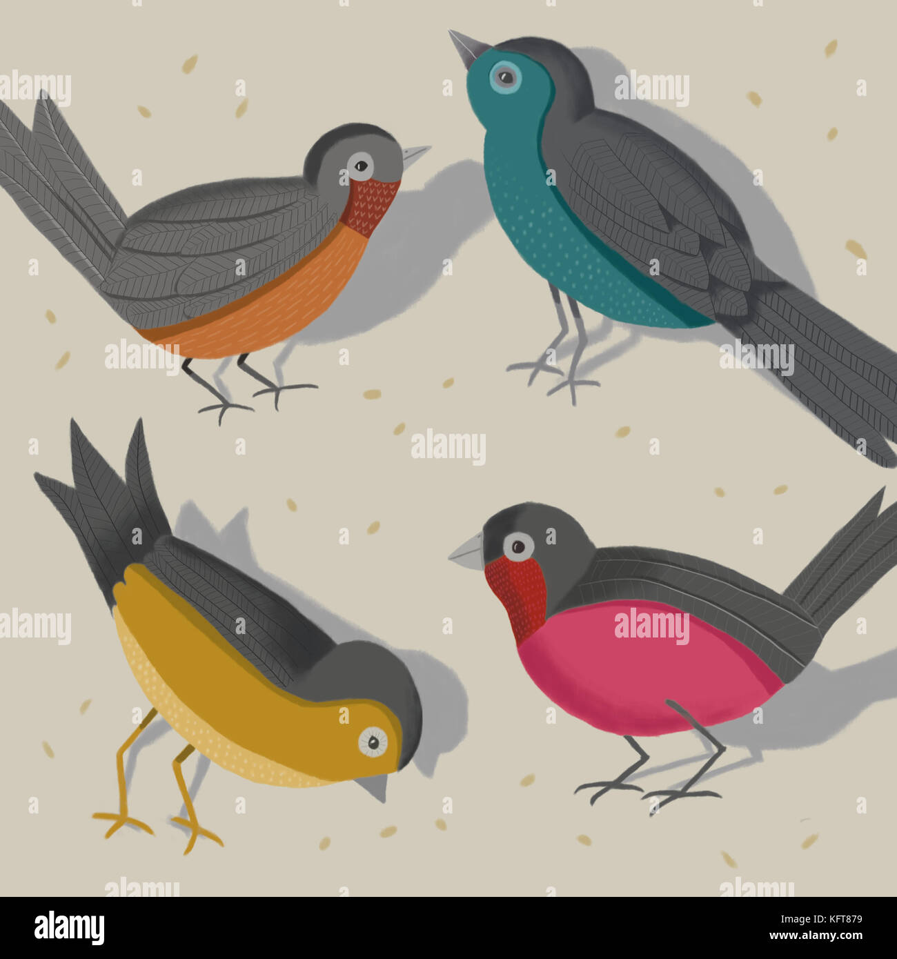 Illustration of 4 colourful birds picking grains Stock Photo - Alamy