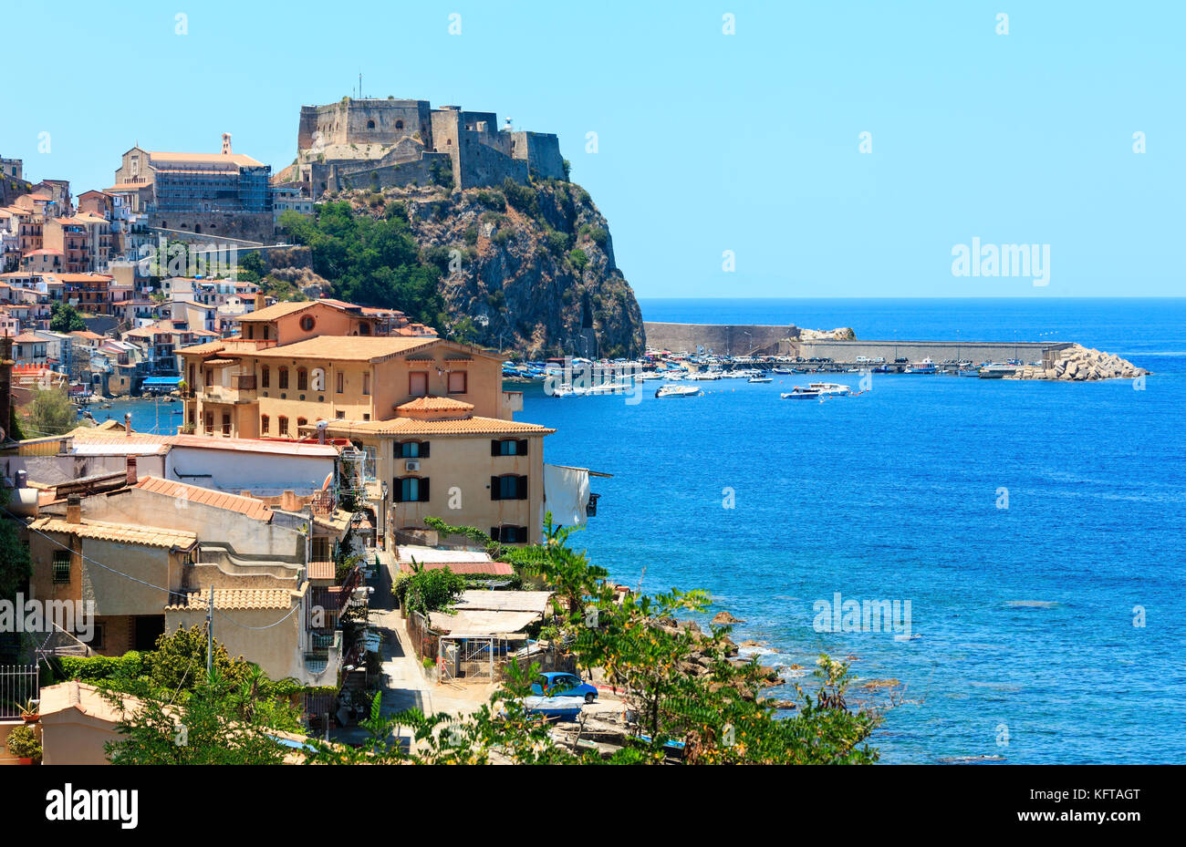 Summer Tyrrhenian Sea coast and beautiful Scilla town view, Calabria ...