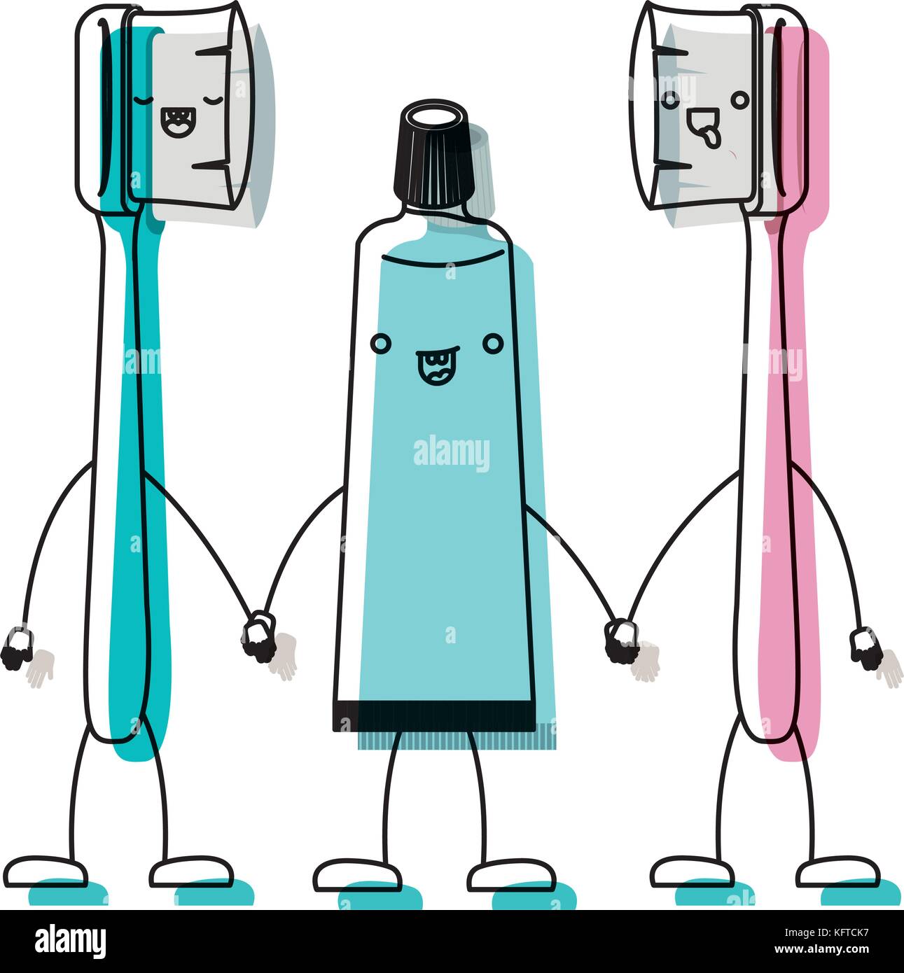 cartoon couple toothbrushes and toothpaste in watercolor silhouette ...