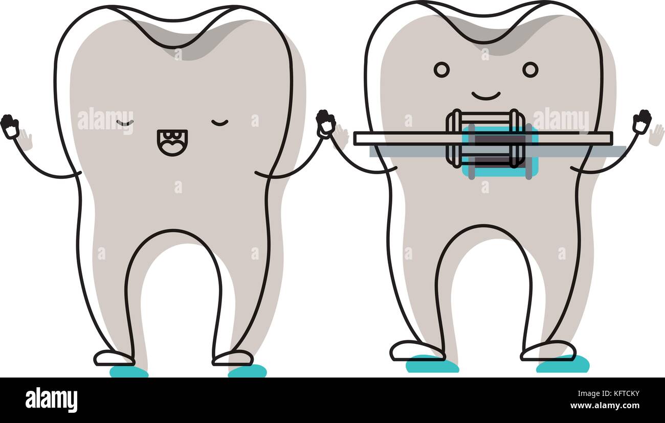 teeth cartoon holding hands and one with dental brace in watercolor ...